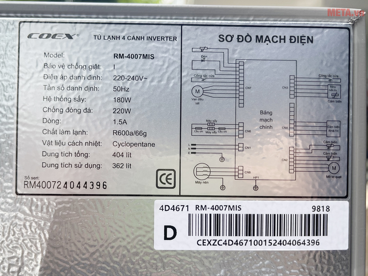 Tủ lạnh 4 cửa Inverter 362 lít Coex RM-4007MIS (Inox bạc) - META.vn