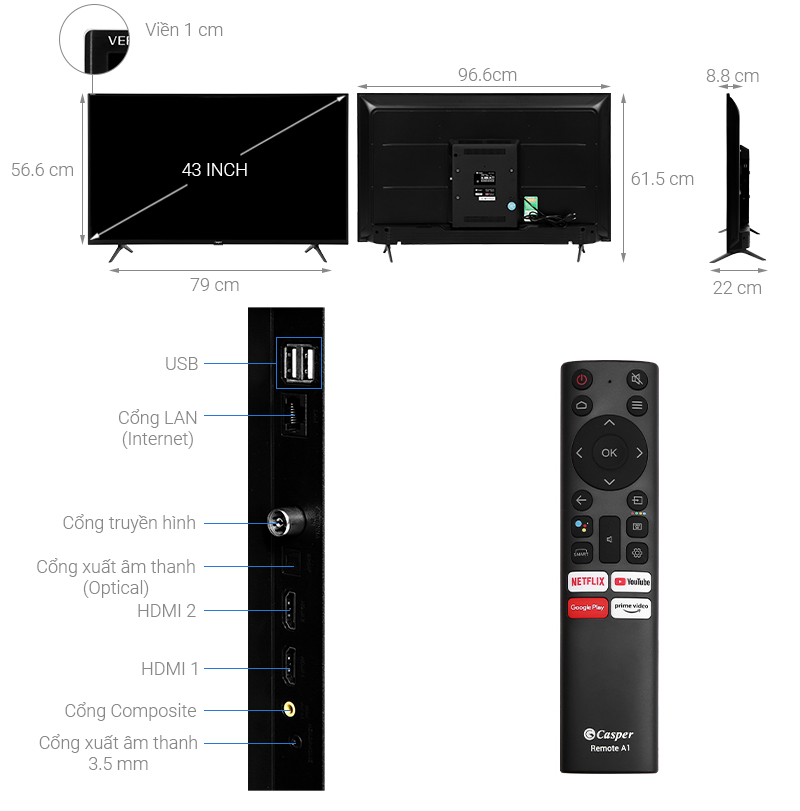 Android tivi Casper 43 inch 43FG5200 (Mỏng, có điều khiển bằng giọng ...