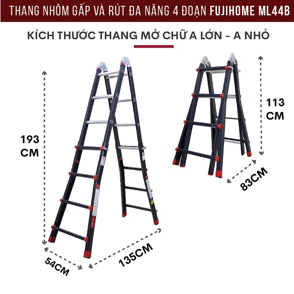 Thang nhôm gấp và rút đa năng 4 đoạn FujiHome ML44B (BLACK) - META.vn