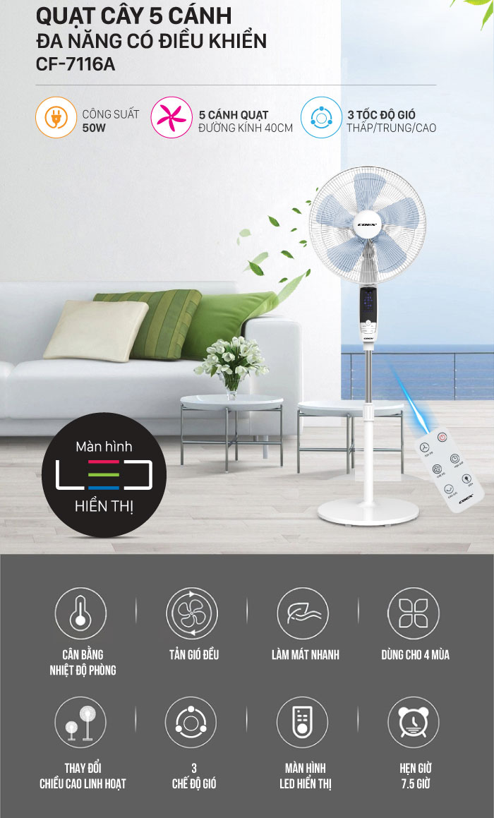 Quạt cây 5 cánh có điều khiển Coex CF-7116A - META.vn