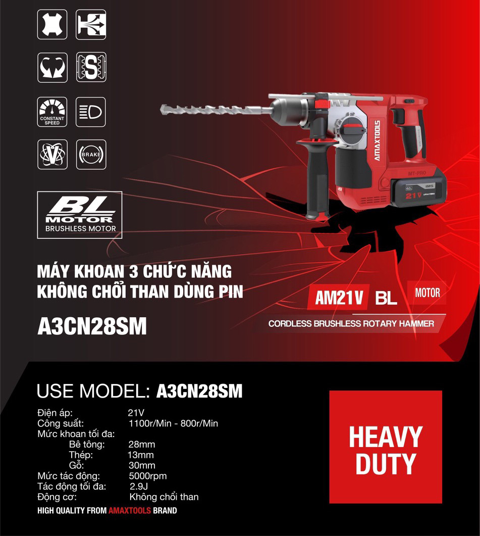 Thân máy khoan bê tông Amax A3CN28SM (chưa pin, sạc) - META.vn