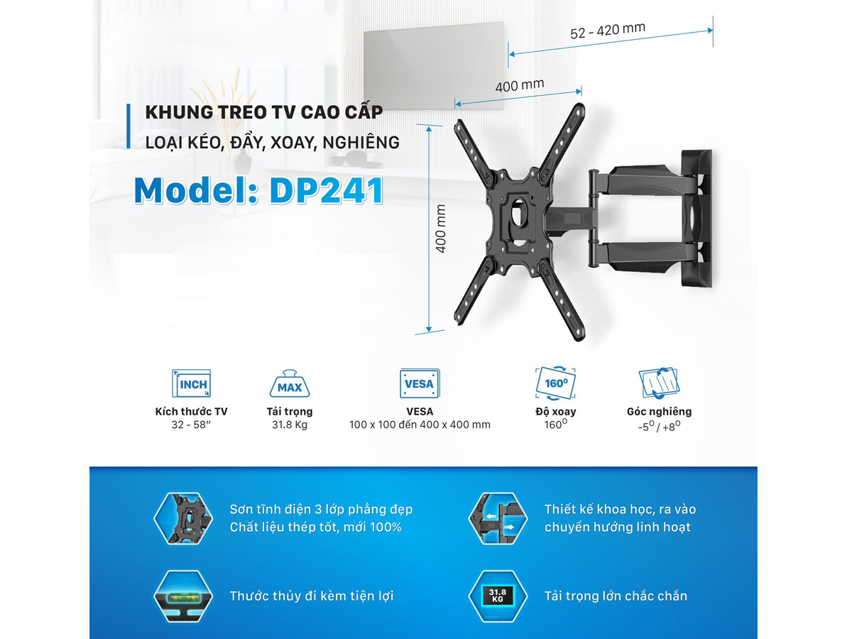 Khung treo tivi loại kéo, đẩy, xoay, nghiêng Đại Việt DP241 - META.vn