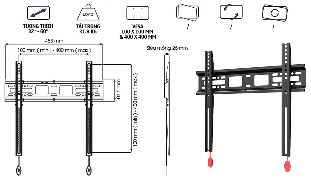 Khung treo tivi ERGOTEK E92 treo sát tường, siêu mỏng (32 inch - 60 inch) - META.vn