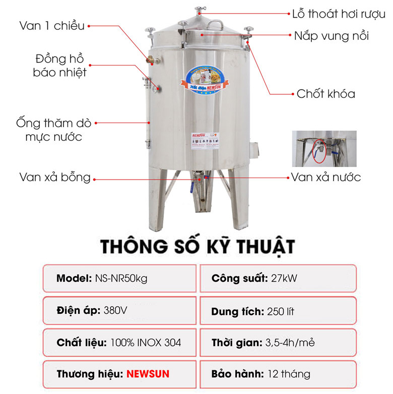 Nồi nấu rượu bằng điện inox NewSun 50kg/mẻ - META.vn