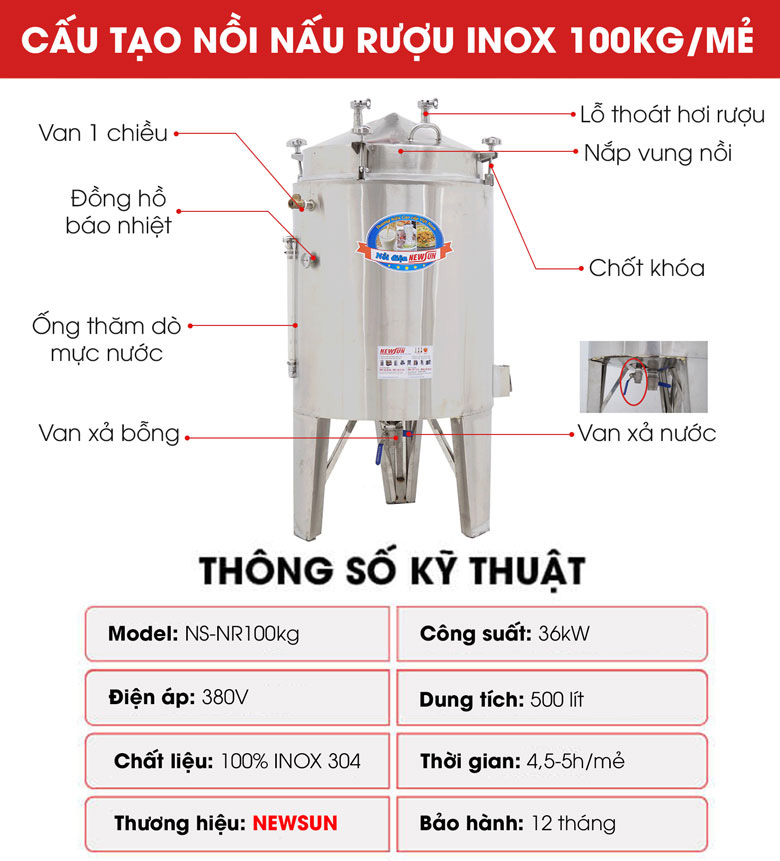 Nồi nấu rượu bằng điện inox Newsun 100kg/mẻ - META.vn