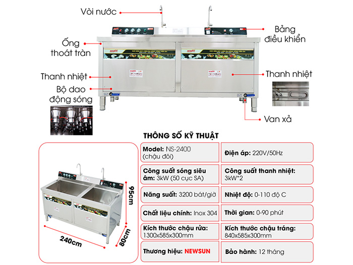 Máy rửa bát siêu âm chậu đôi Newsun NS-2400 - META.vn