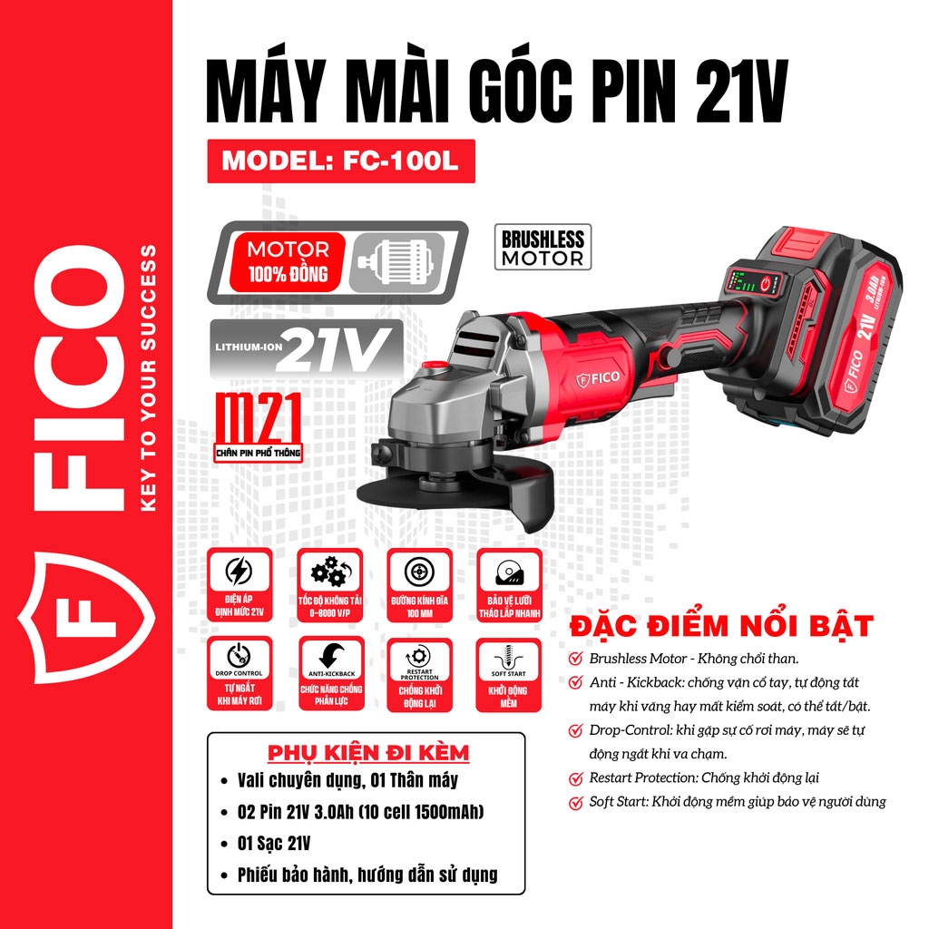 Máy mài góc dùng pin 21V Fico FC-100L (2 pin 3Ah, sạc) - META.vn